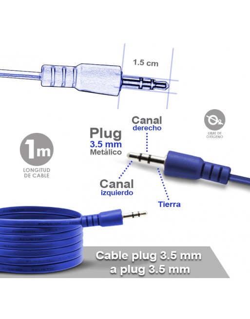 Cable auxiliar AZUL 3.5 mm macho a 3.5 mm macho 1.8 m
