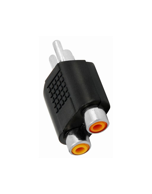 Adaptador de 2 conectores RCA hembra a 1 conector RCA macho.